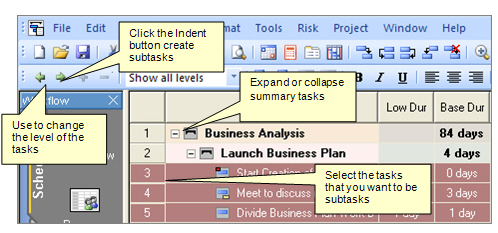 Defining summary tasks and subtasks