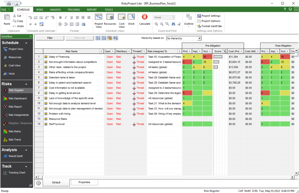 Integrated risk register in RiskyProject Lite for risk management